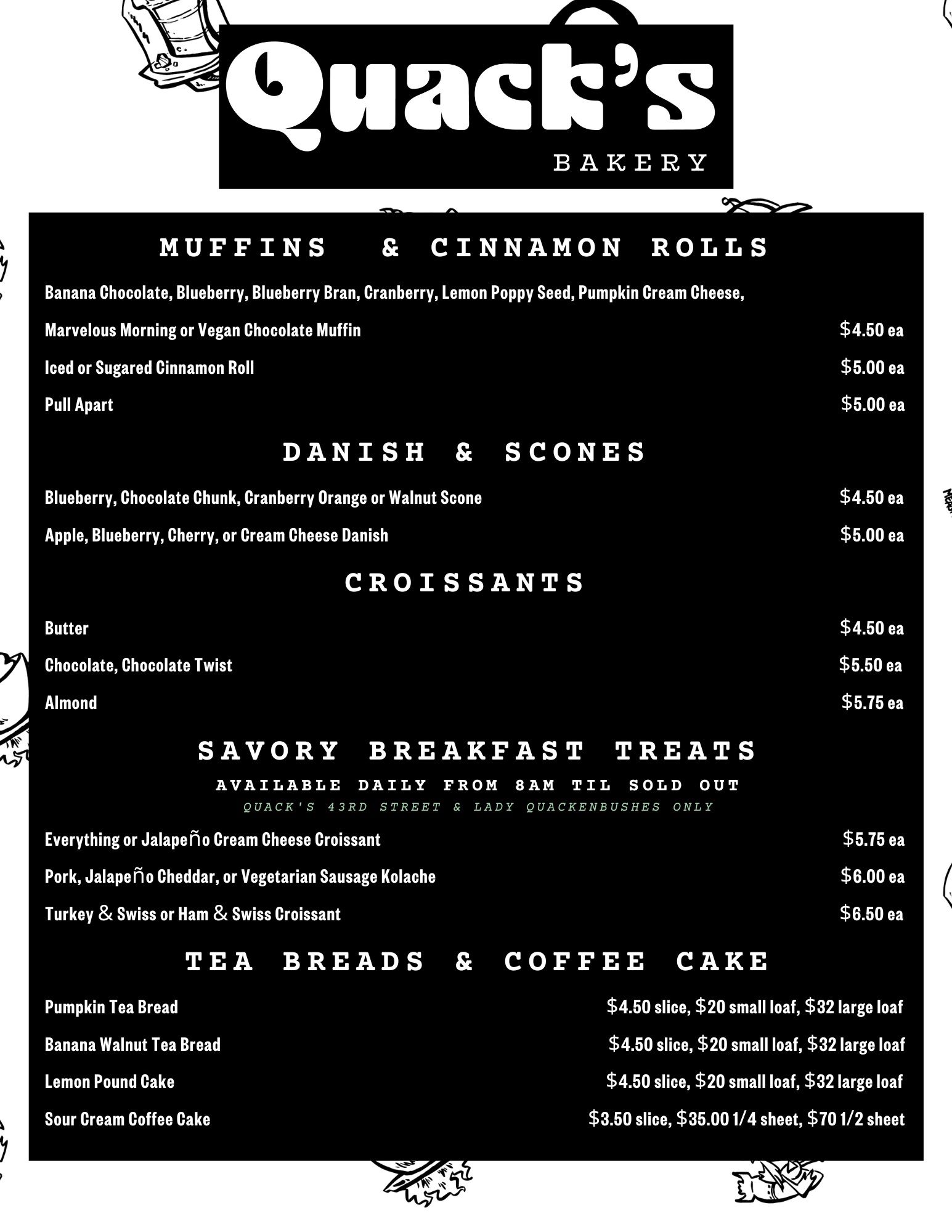 Bakery Menu - Quacks Bakeries